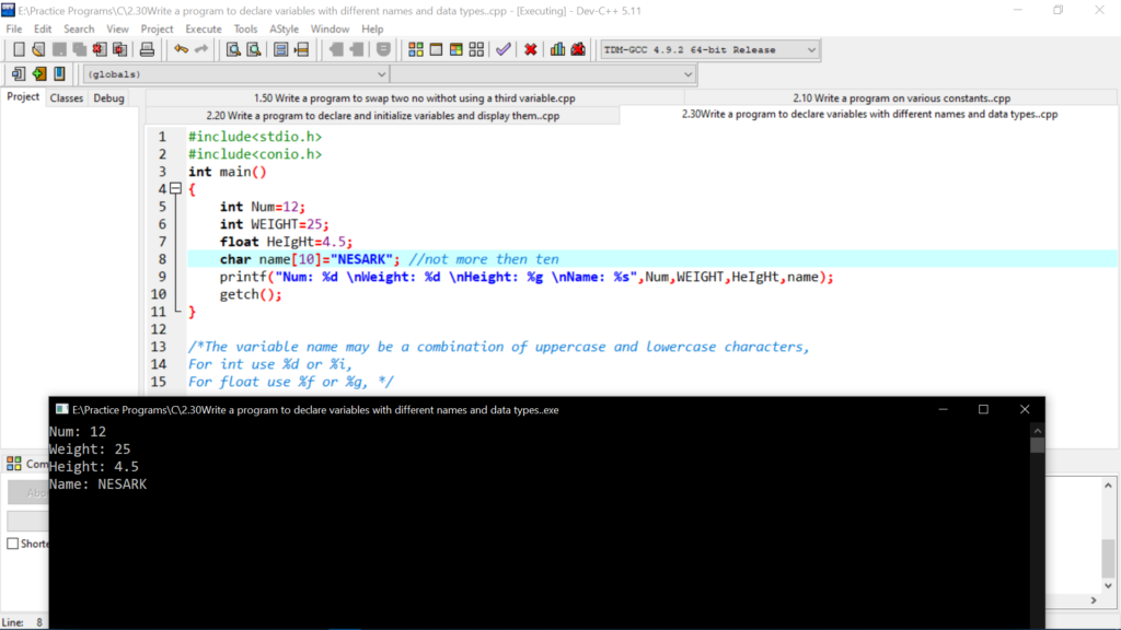 Write A Program To Declare Variables With Different Names And Data Types