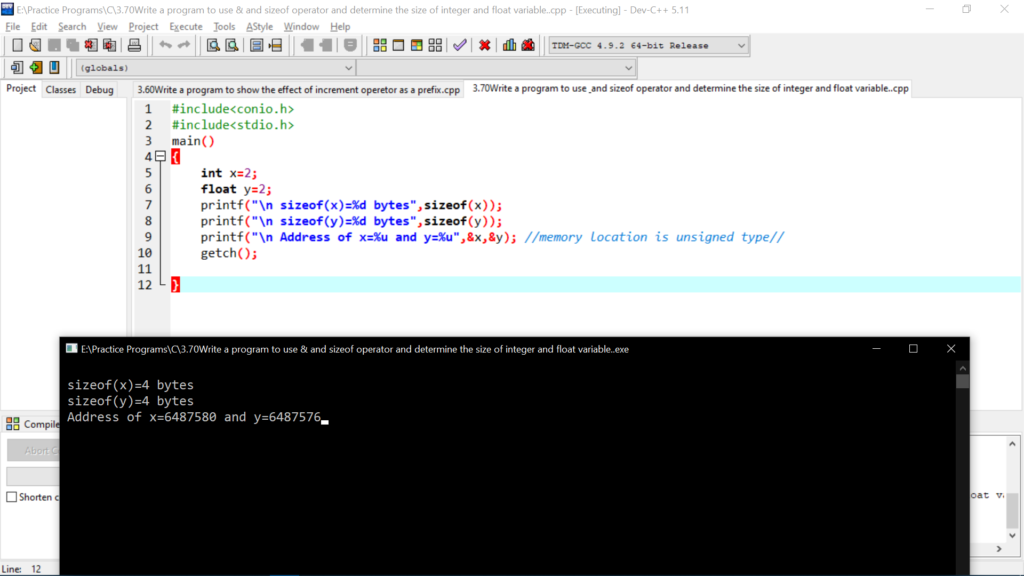 Write a program to use & and sizeof operator and determine the....