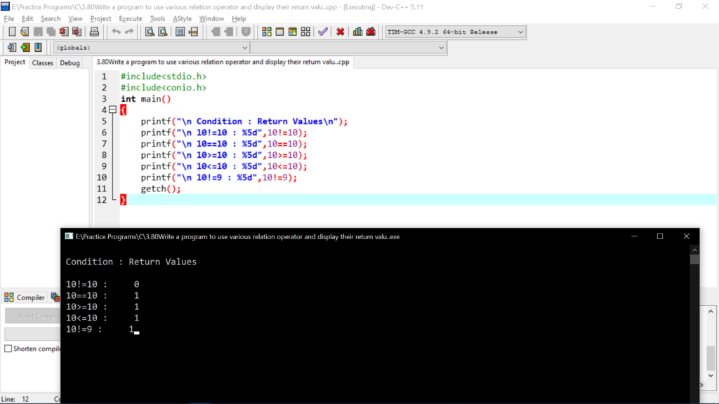 Write A Program To Use Various Relation Operator And Display Their Return